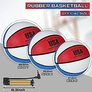 Junkin 6 Pcs Rubber Basketballs Bulk with Pump Official Indoor Outdoor Basketball Balls Weighted Training Basketball for Game Practice Kids Youth Teens Adults Back to School(Size 7)