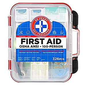 First Aid Kit Hard Red Case 326 Pieces Exceeds OSHA and ANSI Guidelines 100 People - Office, Home, Car, School, Emergency, Survival, Camping, Hunting and Sports
