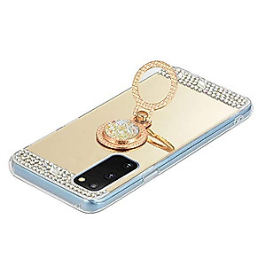LCHDA Glitter Case for Samsung Galaxy S20 6.2 Inch, Bling Makeup Mirror Luxury Sparkle Rhinestone Diamond with Ring Kickstand Soft Clear Crystal TPU Bumper Cover with Finger Holder Grip - Gold