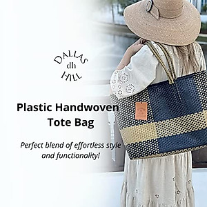 Dallas Hill Designs Handwoven Super Tote Bag for Women | Recycled Plastic Shoulder Purse | Summer Beach, Pool, and Travel Handbag (Black & Gold)