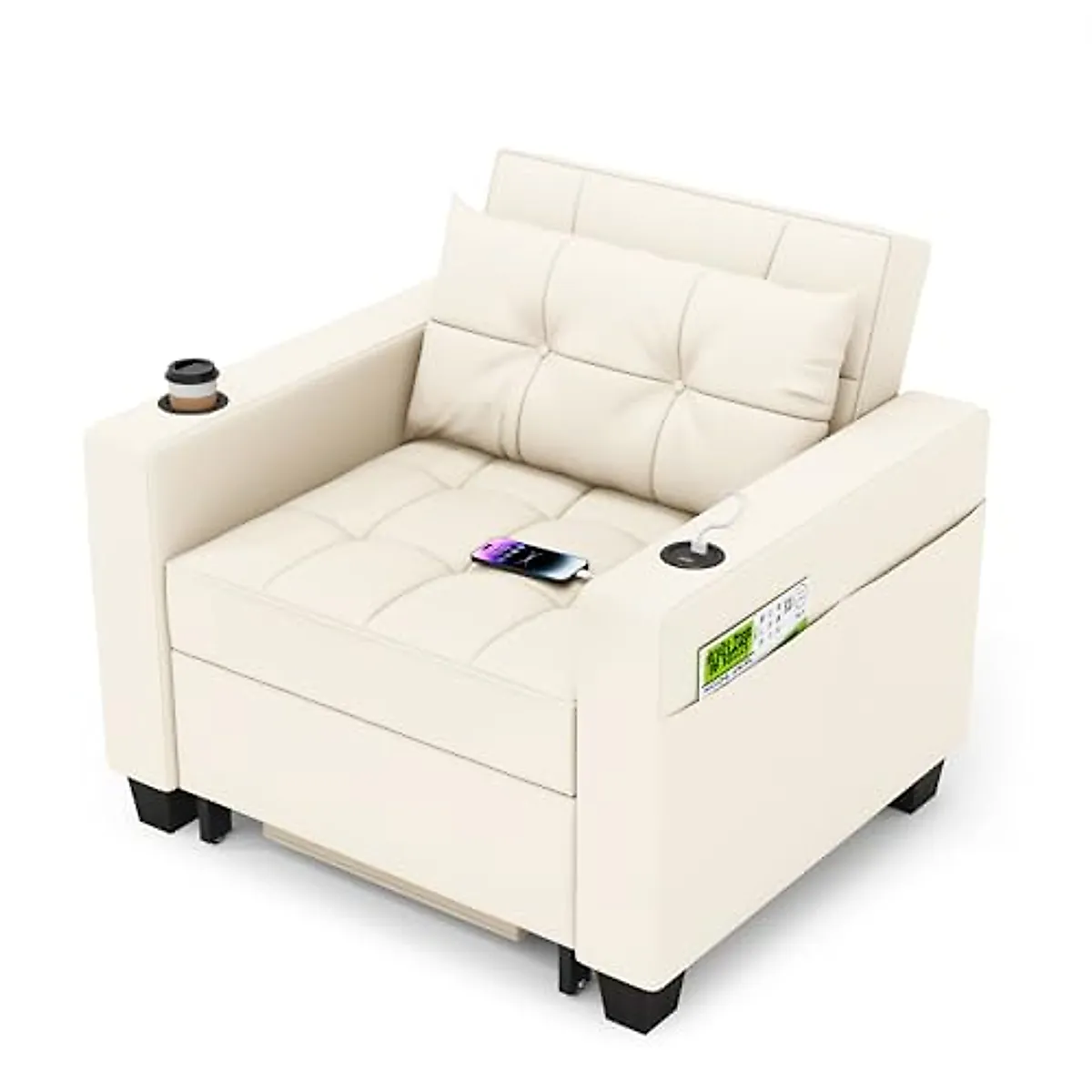 DURASPACE 39 inch Futon Chair Bed Convertible Chair 3-in-1 Pull Out Sleeper Reading Chair Beds with USB, Armchair Sleeper Bed for Living Room, Dorm, Small Space (Off White Faux Leather)