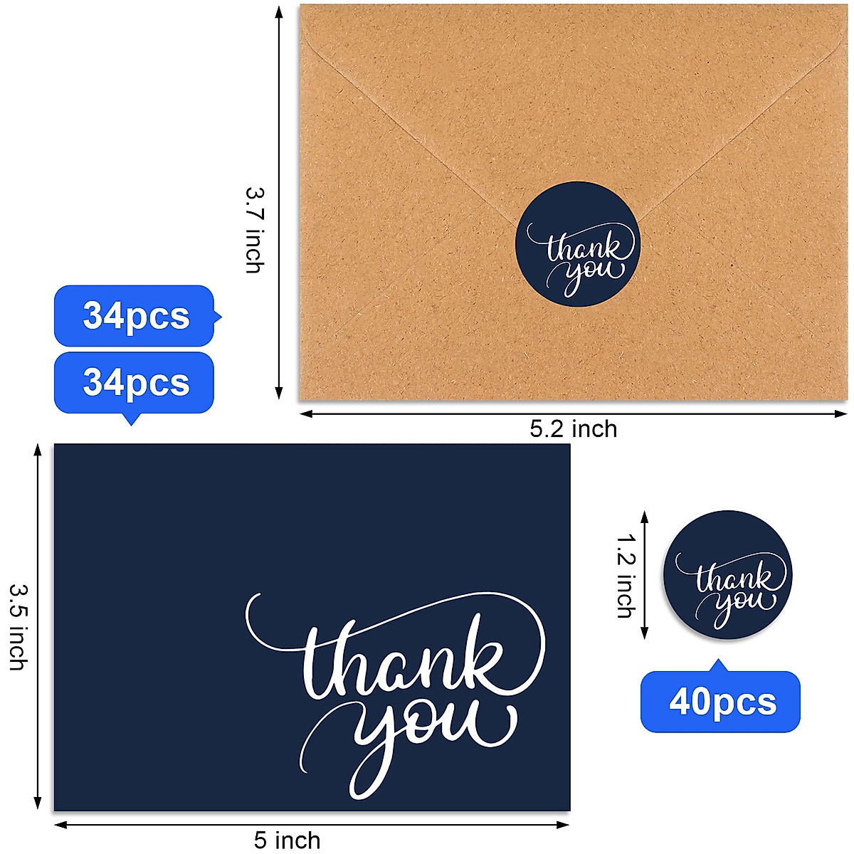 Joyberg 34 PCS Thank You Cards With Envelopes, Blank Navy Baby Shower Thank You Cards, Brown Paper Envelopes and Stickers Thank You Notes, Wedding Thank You Cards With Envelopes
