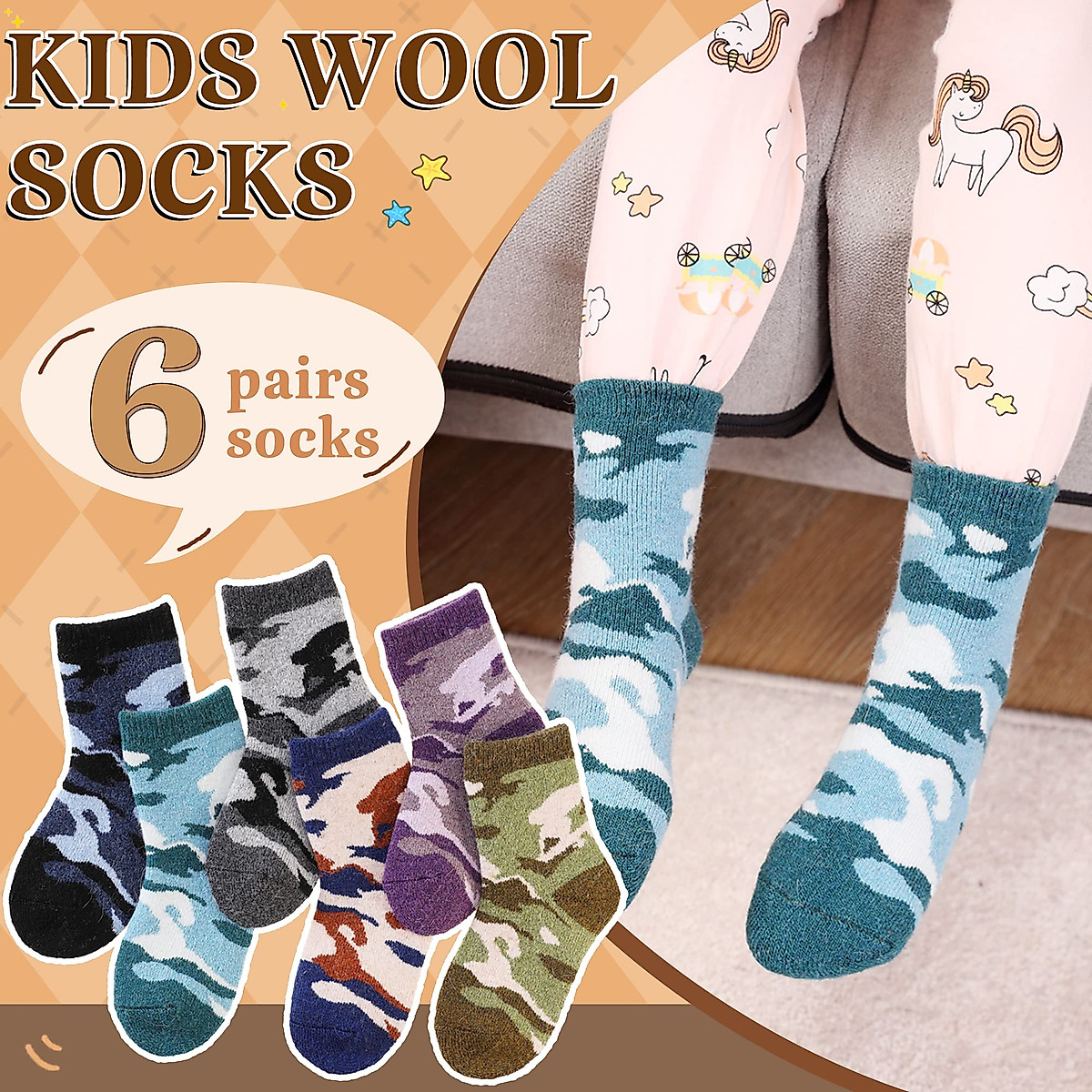 Kids Merino Wool Socks Boys Girls Hiking Boot Winter Thermal Warm Cozy Soft Toddler Thick Crew Socks 6 Pairs (6 Pairs Camouflage, 8-12 Years)