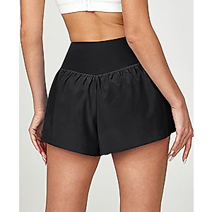 Ewedoos Crossover Flowy Athletic Shorts for Women with 3 Pockets 2 in 1 Butterfly Shorts High Waisted Running Shorts Black