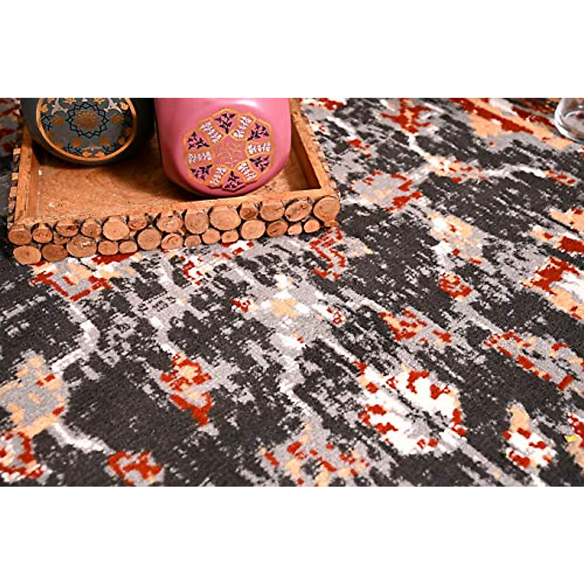 Furnish my Place Abstract Area Rug - 2 ft. x 4 ft, Dark Grey, Distressed, Floral Rug with Rustic Print