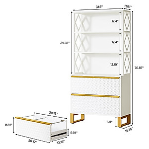 Tribesigns 4-Tier Bookshelf with 2 Drawers, 71" Tall White and Gold Bookshelf with Open Shelves & Drawer, Modern Bookcase Display Book Shelf Organizer for Bedroom, Living Room, Home Office