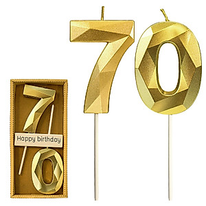 70th Gold Birthday Candles, Number 70 Glitter 3D Diamond Designs Cake Topper Party Decoration for Women Girl Party Celebration