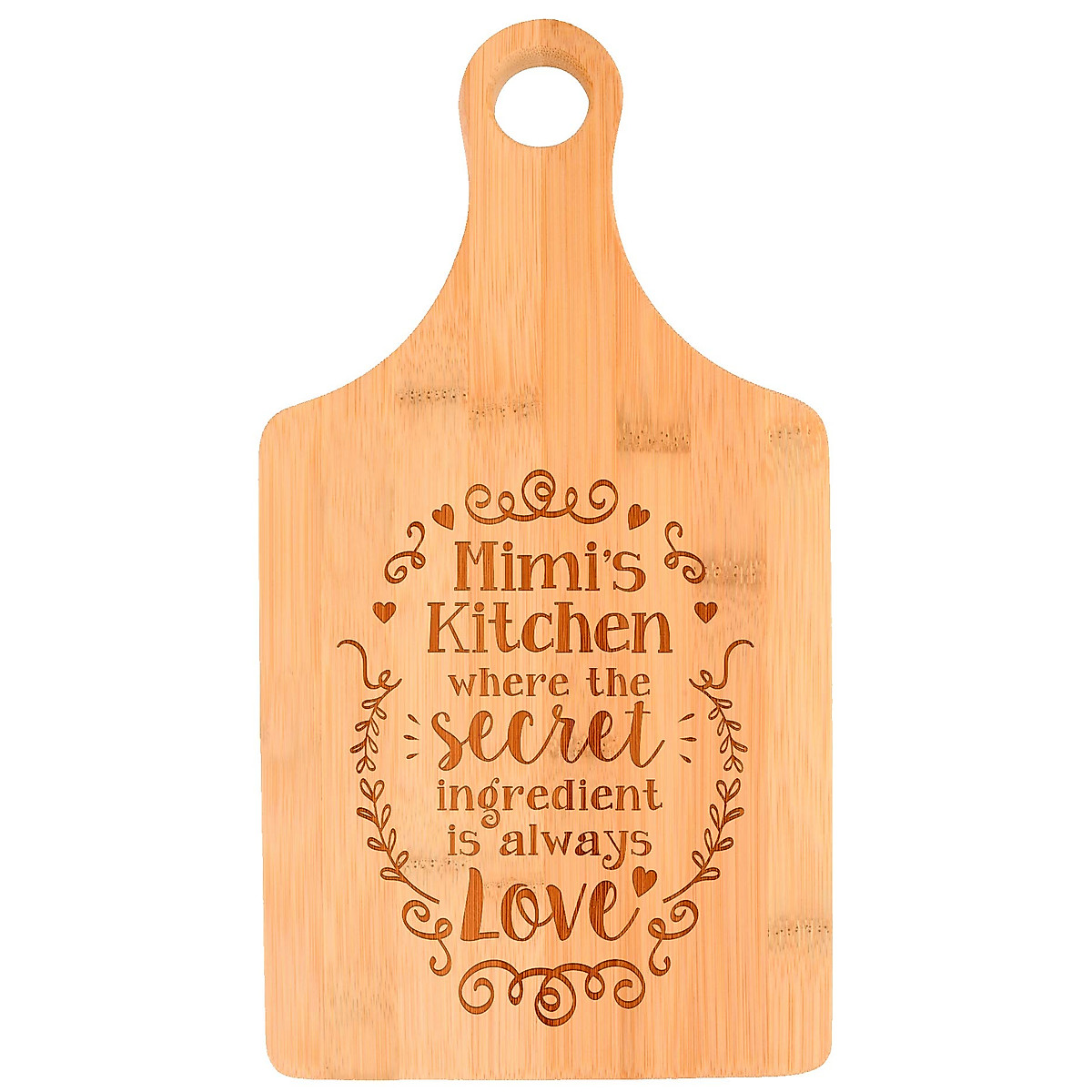 Mimi Presents Mimi's Kitchen Where the Secret Ingredient Is Love Paddle Shaped Bamboo Cutting Board