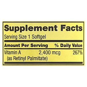 Spring Valley Vitamin A Supplement 2400 mcg- 250 Softgels Pack of 2