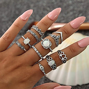 SEniutarm Engagement Love Rings Wedding Bands 11Pcs Women Jewelry Set Faux Opal Rhinestone Knuckle Stacking Joint Rings Band for Women/Girl Finger Rings DIY Jewelry Gifts - Antique Silver