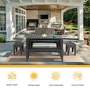 Erinnyees HDPE 5 Piece Patio Dining Set, Outdoor Table Bench Furniture Set with 1 Rectangle Dining Table, 2 Double Benches, and 2 Single Stools, for Backyard, Porch, Lawn, and Garden