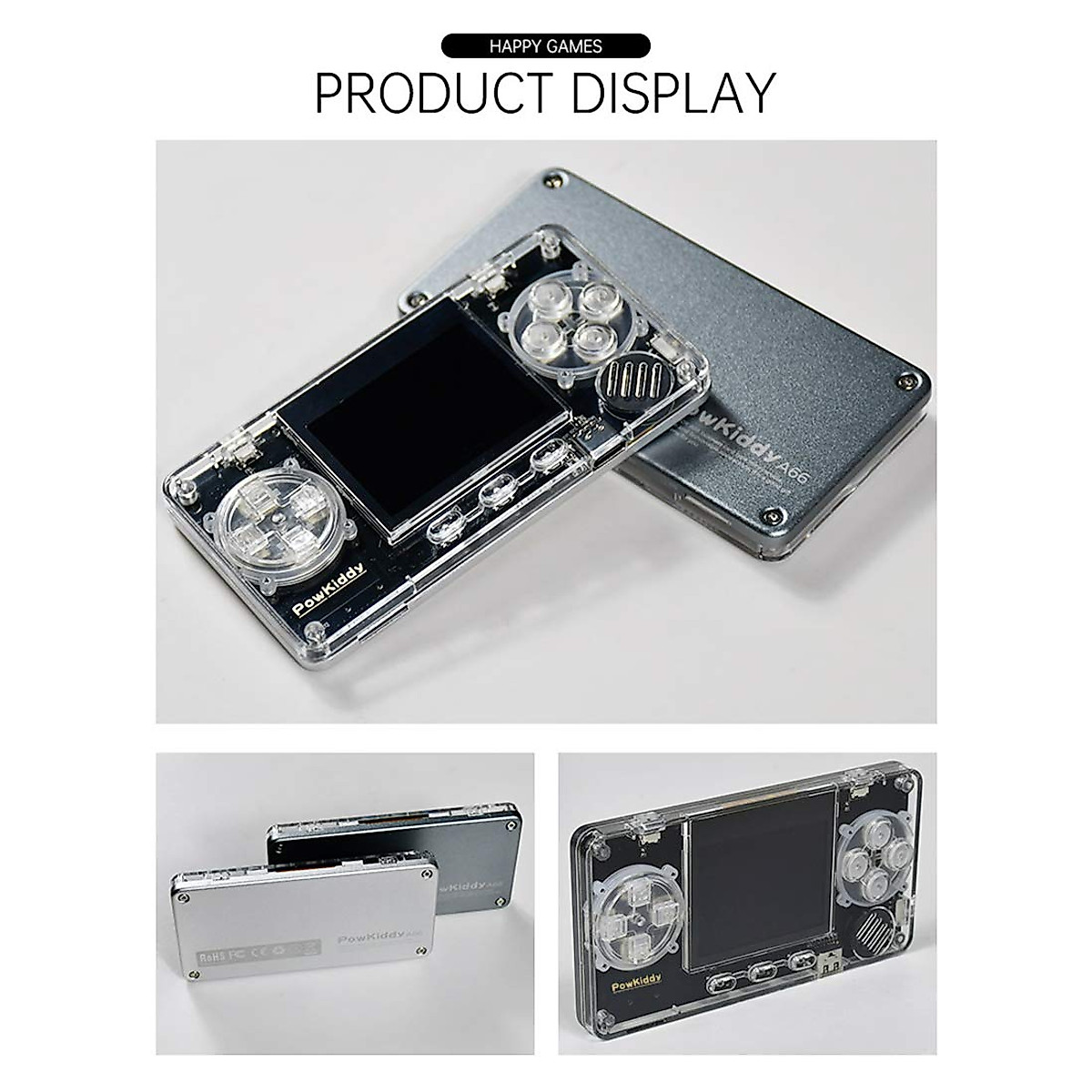 Petforu POWKIDDY A66 Handheld 10000 Games Retro Game Console Ultra Card Transparent Game Machine - 32G Silver, A66 (32g)