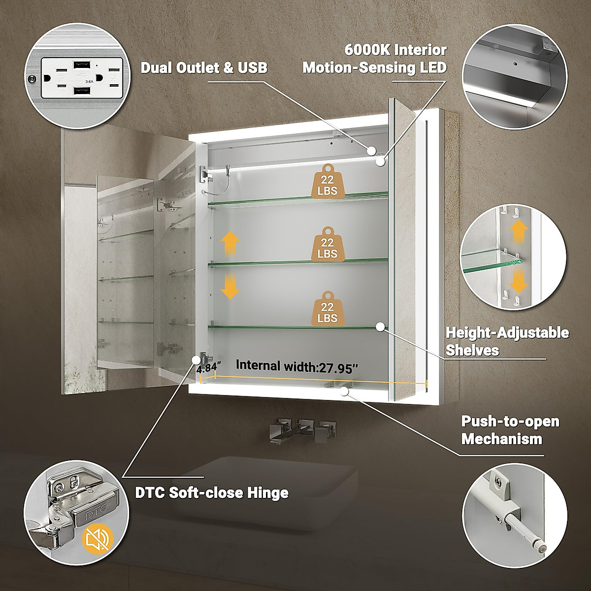 QueenFun 30x32 LED Medicine Cabinet with Mirror, Surface or Recessed Lighted Medicine Cabinet with Mirror, Dimmable Fogless Aluminum Medicine Cabinet with Outlet, Time Display& Built-in Sensing Light