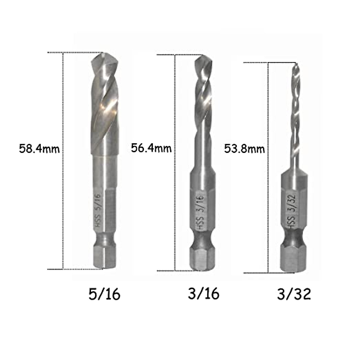 SeonFook 5PCS Stubby Drill Bit Set Short Drill Bits HSS 4241 Steel 1/4" Quick Change Hex Shank 3/32, 1/8, 3/16, 1/4, 5/16 Inch for Woodworking