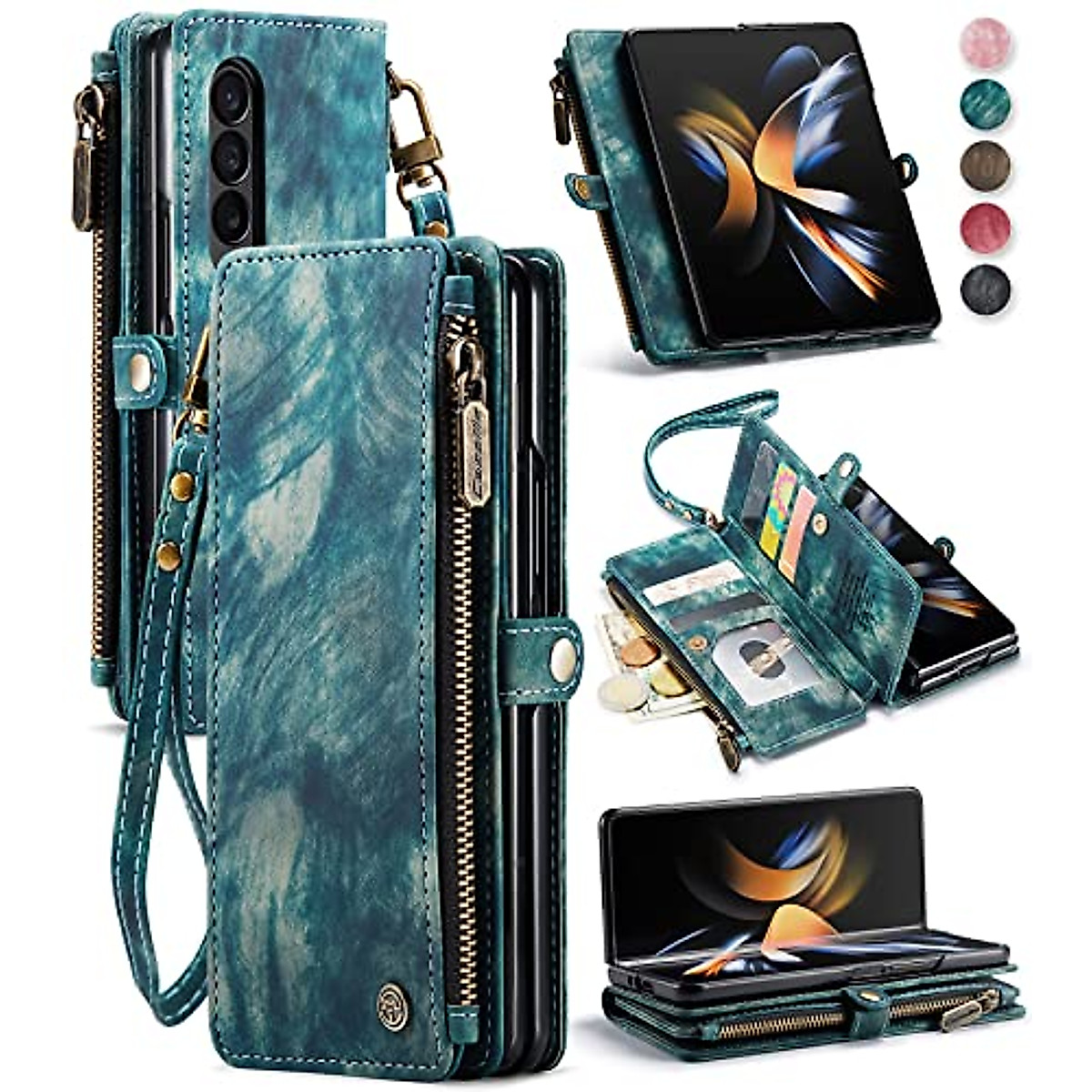 Defencase Wallet Case Compatible with Samsung Galaxy Z Fold 4 with Card Holder PU Leather Magnetic Snap Flip Zipper Strap Phone Case Fit for Galaxy Z Fold 4, Fashion Blue