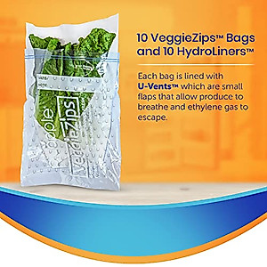 Bluapple VeggieZips Premium Produce Storage Bags - 10 Produce Food Saver Bags + 10 HydroLiners to Keep Produce Fresh Longer - Washable & Reusable Bags for Humidity Control for Fruits and Vegetables