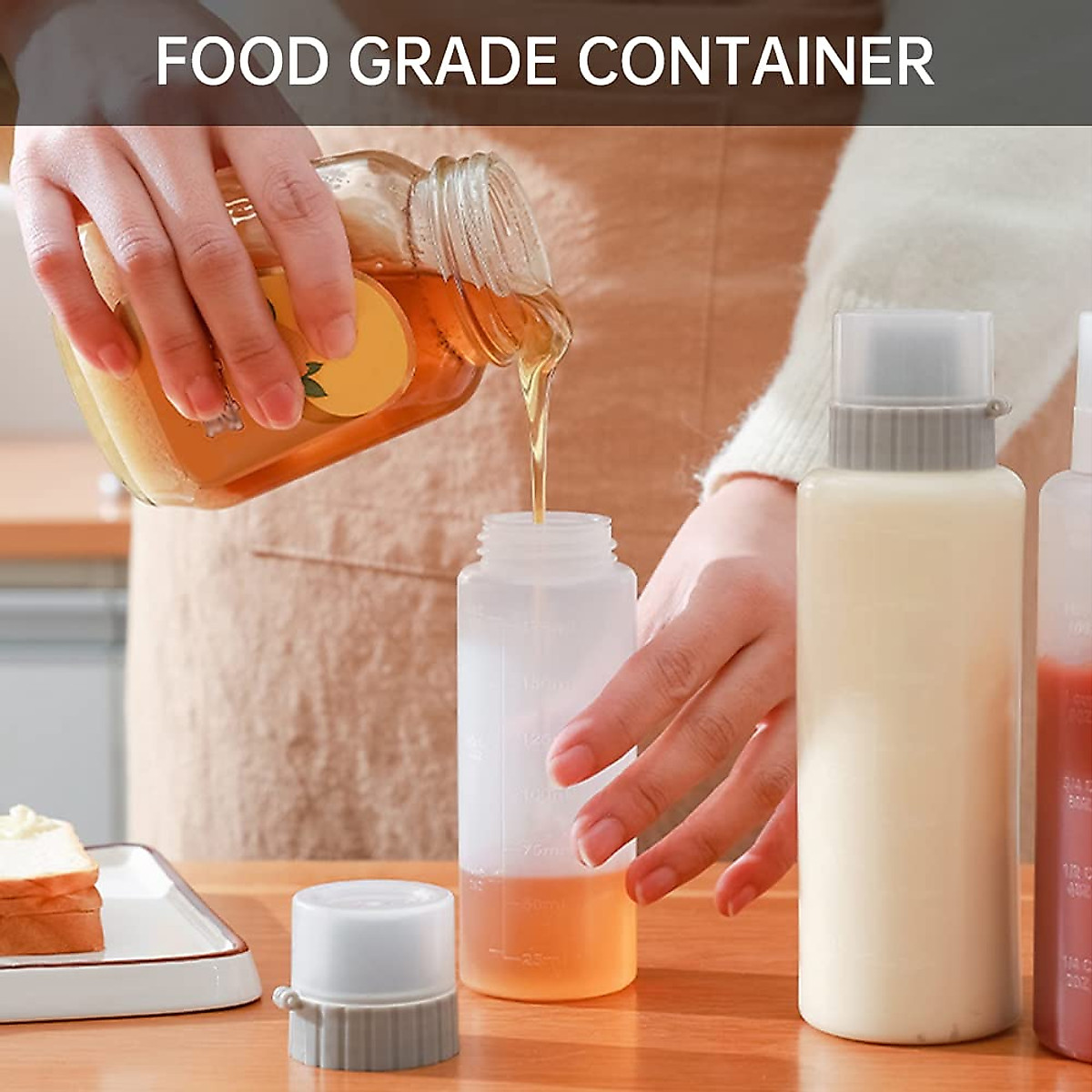 5-Hole Sauce Squeeze Bottle, 175ml Measurable Condiment Squeeze Bottle with Leak Proof Cap, Plastic Clear Sauce Squeeze Bottle Refillable Condiment Containers for Ketchup Jam Mayonnaise BBQ Sauce