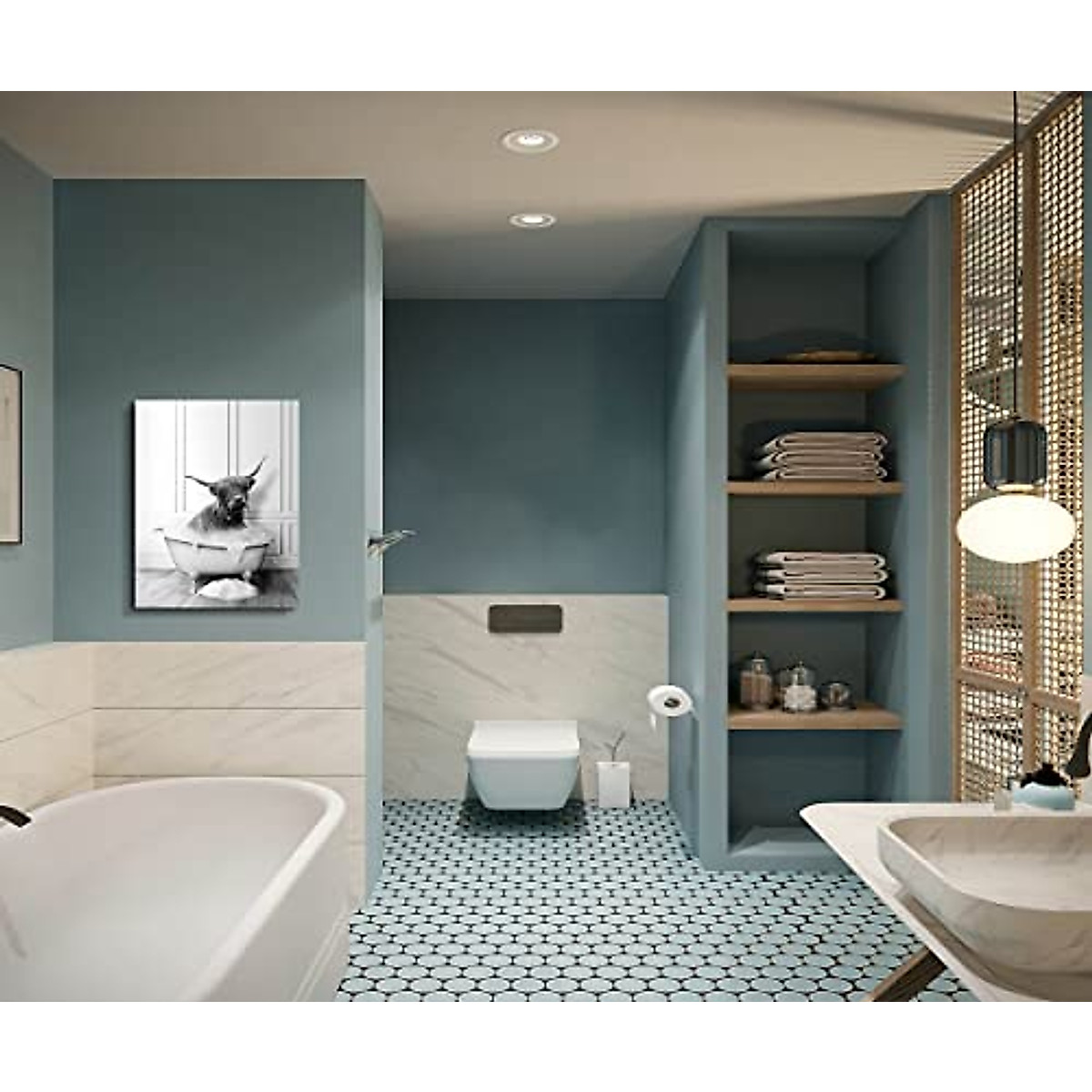 Funny Highland Cow Bathroom Wall Decoration Black and White Canvas Cow in Bathroom Decoration Picture Humorous Animal Bathroom Wall Art Printed Country Farmhouse Style Wall Decoration Prepare Frame Hanging in Bathroom Bedroom Children's Bathroom Decoratio