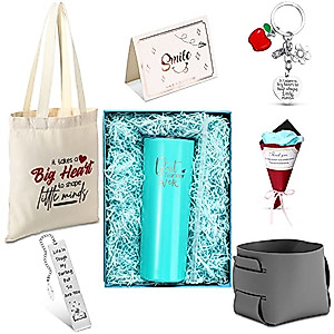 Teacher Gift, Christmas Gift for Teacher Appreciation Gifts Boxes Birthday Gifts 8 PCS Include Teacher Tumbler Canvas Tote Bag Leather Storage Bucket Flower Greeting Card Bookmarks Key Chain (Blue)