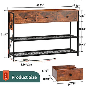 Yoobure Console Table with 3 Drawers, 47" Entryway Table with Storage Shelves, Narrow Long Sofa Table with Outlets & USB Ports, 3-Tier Entry Table, Couch Table for Living Room, Hallway, Foyer, Hall