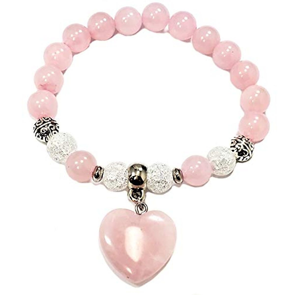 Pink Heart Charm Bracelet REAL Natural Stones Rose Quartz and Cracked Quartz Birthstone Women Bracelet Yoga Chakra Bracelet Anti-Stress Anti-Anxiety Gemstones Jewerly (quartz cracked rose qtz)