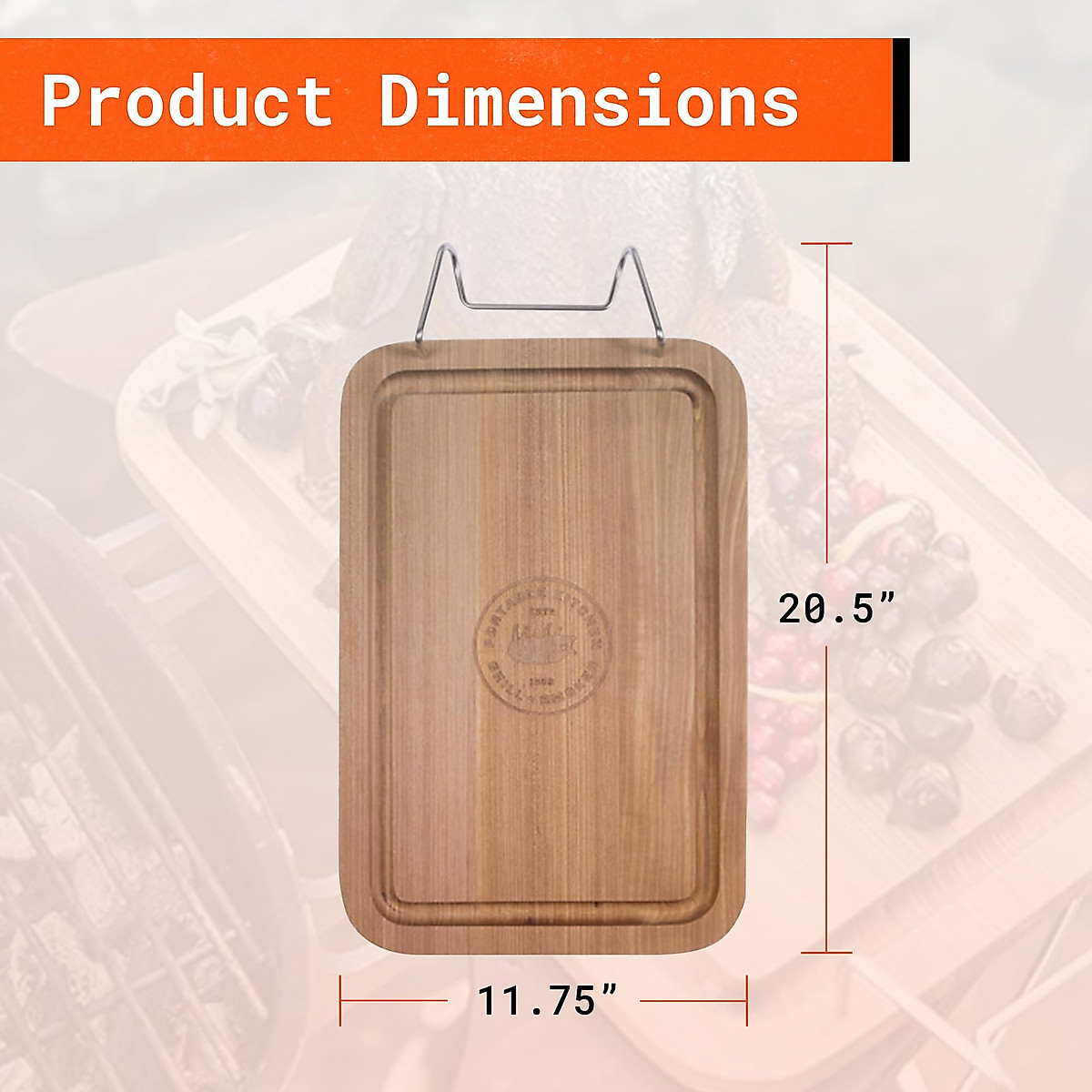 PK Grills Solid Teak Wood Cutting Board for Kitchen, Outdoor, Meat, BBQ, Food, Wooden Chopping Block with Stainless Steel Hanger, PKUA-CB-TW-X