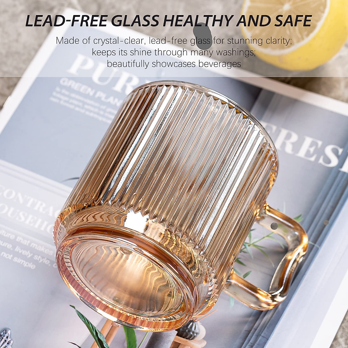 Leadiy Brown Glass Coffee Mug with Lid, Clear Glass Coffee Cups, Classical Vertical Stripes Coffee Mugs for Latte Juice Tea 12.5 Ounces