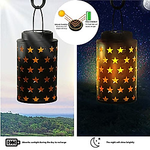 JHY DESIGN 2 Pack Solar Lantern Lights Outdoor Solar Powered Table Lamp Lights Hanging Garden Lamp Metal Lantern with Handle for Patio Garden Outdoor Walkway Yard Landscape Park Lawn(Hollow Stars)