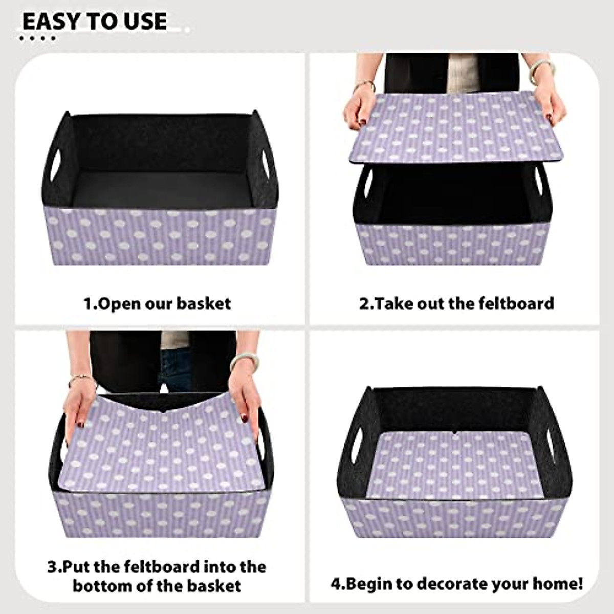 CaTaKu Foldable Storage Basket Purple Polka Dots Collapsible Felt Storage Bins with Handle Drawer Organizer Bin Cube Shelf Box for Organizing Closet Clothes Office Books Bedroom