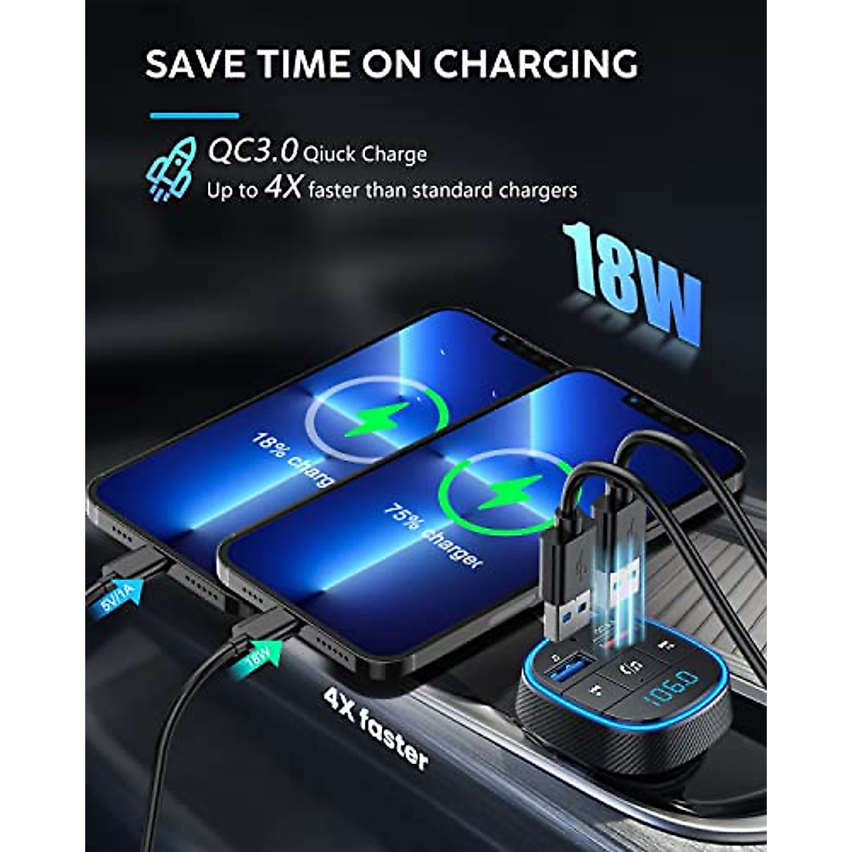 Upgraded Bluetooth FM Transmitter for Car, Car Bluetooth Adapter, Freapp Wireless Car Radio Transmitter, QC3.0 Quick Charge, Handsfree Call/TF Card & U Disk Car Music Adapter Player,Voice Assistant