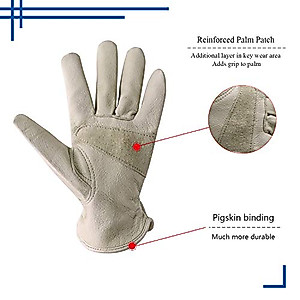 HLDD HANDLANDY 2 Pairs Pigskin Leather Work Gloves with Reinforced Palm for Men & Women, Stretchable Wrist Rigger Glove for Driver, Construction, Yardwork, Gardening (S, Beige)