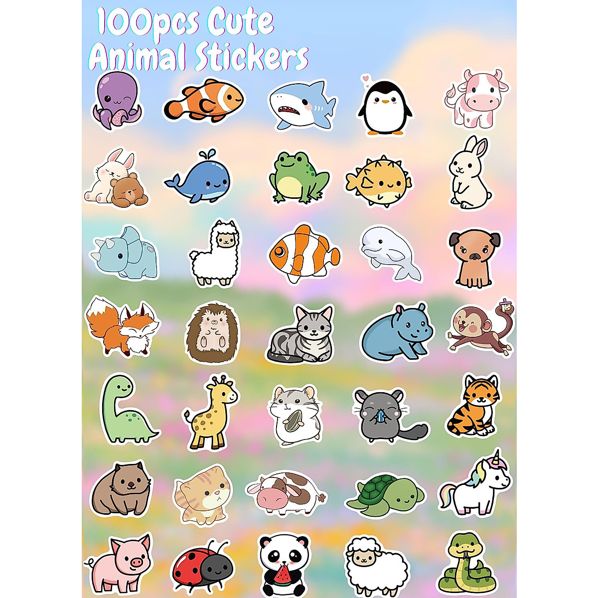 100pcs Cute Animal Stickers for Water Bottle， Waterproof Vinyl Kawaii Stickers for Laptop Phone Skateboard, Cute Animal Decals Christmas Gifts for Kids Teens Girls Boys