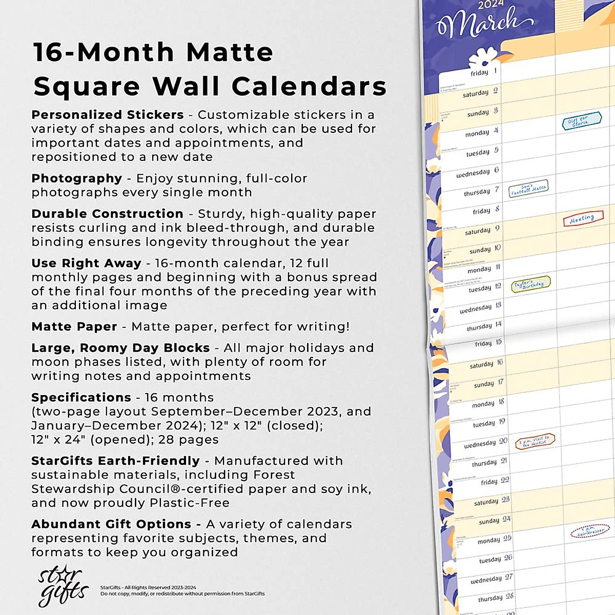 Great Big Family Planner | 2024 12 x 24 Inch Monthly Square Wall Calendar | Matte Paper and Sticker Sheet | StarGifts | Planning Organization