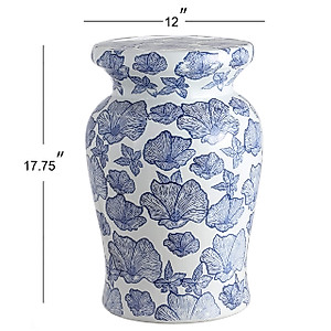 JONATHAN Y TBL1018A Poppies 17.7" Ceramic Garden Stool, Stylized Flower Design, Coastal, Contemporary, Modern, Transitional, Side Table, Plant Stand, Living Room, Garden Room, Patio, White/Blue