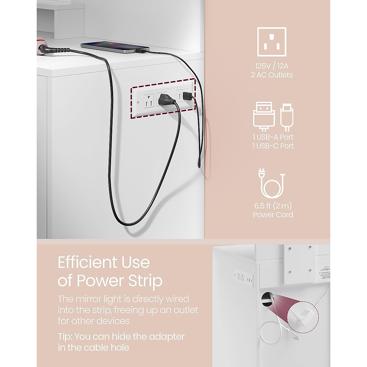 VASAGLE Vanity Desk with Mirror and Lights, 35.4-Inch Wide Makeup Vanity with Upholstered Vanity Stool, Power Outlets, Dimmable LED Lights, Storage Drawer, for Bedroom, Cloud White URDT128W01