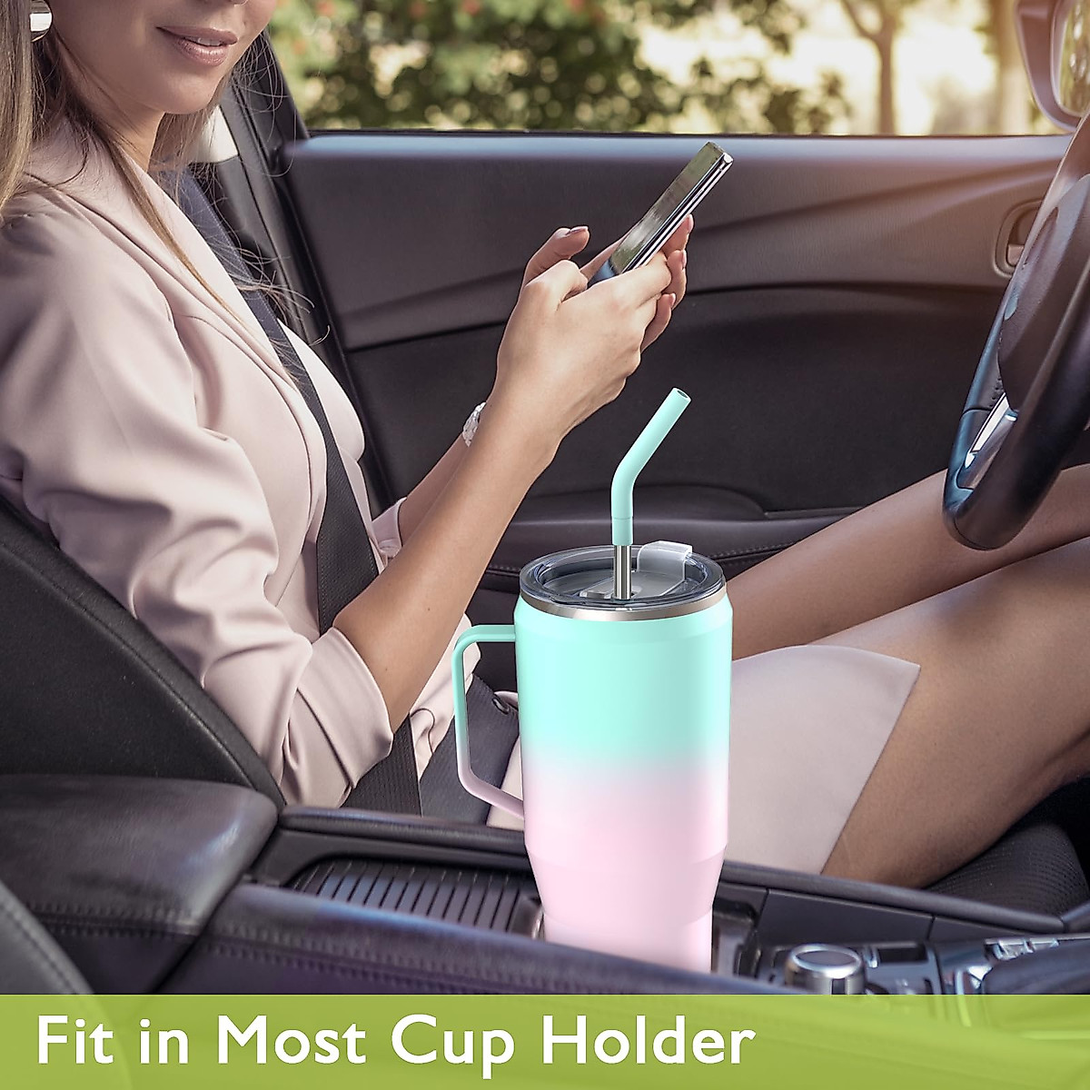 Zukro 50 oz Mug Tumbler With Handle And Straw, Vacuum Insulated Stainless Steel Large Travel Water Cup with Lid,Fit in Cup Holder,No Sweat,Keep Drinks Cold Up To 30 Hours, Dishwasher Safe