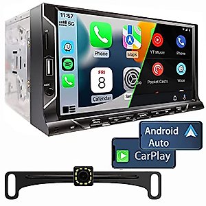 7 Inch Double Din Car Stereo Support Apple CarPlay Android Auto Mirror Link Capacitive Touchscreen Monitor Car Play Radio with Bluetooth 5.0, FM Radio, USB/TF/AUX Port, Backup Camera, Remote Control