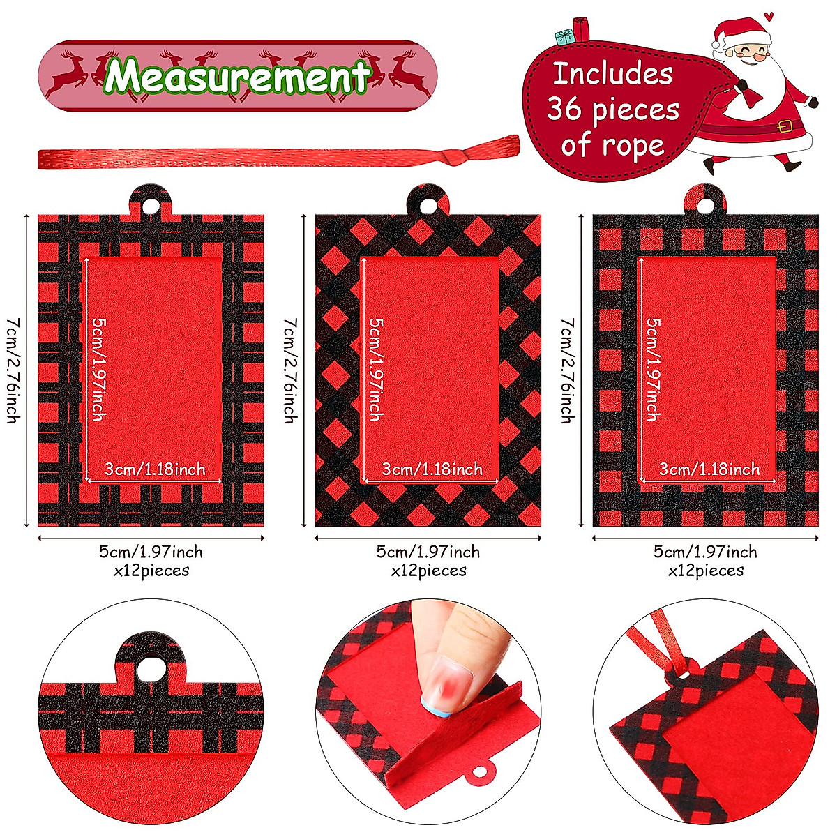 Yalikop 36 Pieces Christmas Picture Frame Ornaments Hanging Photo Frame Ornament Family Felt Hanging Photo Frames Red Buffalo Plaid Xmas Picture Frame for Christmas Trees Decoration (Cute Style)