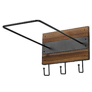 MyGift Wall Mounted Exercise Ball Storage Rack with 3 Bottom Hooks, Rustic Solid Burnt Wood and Matte Black Metal Hanging Yoga Gym Equipment Organizer Holder