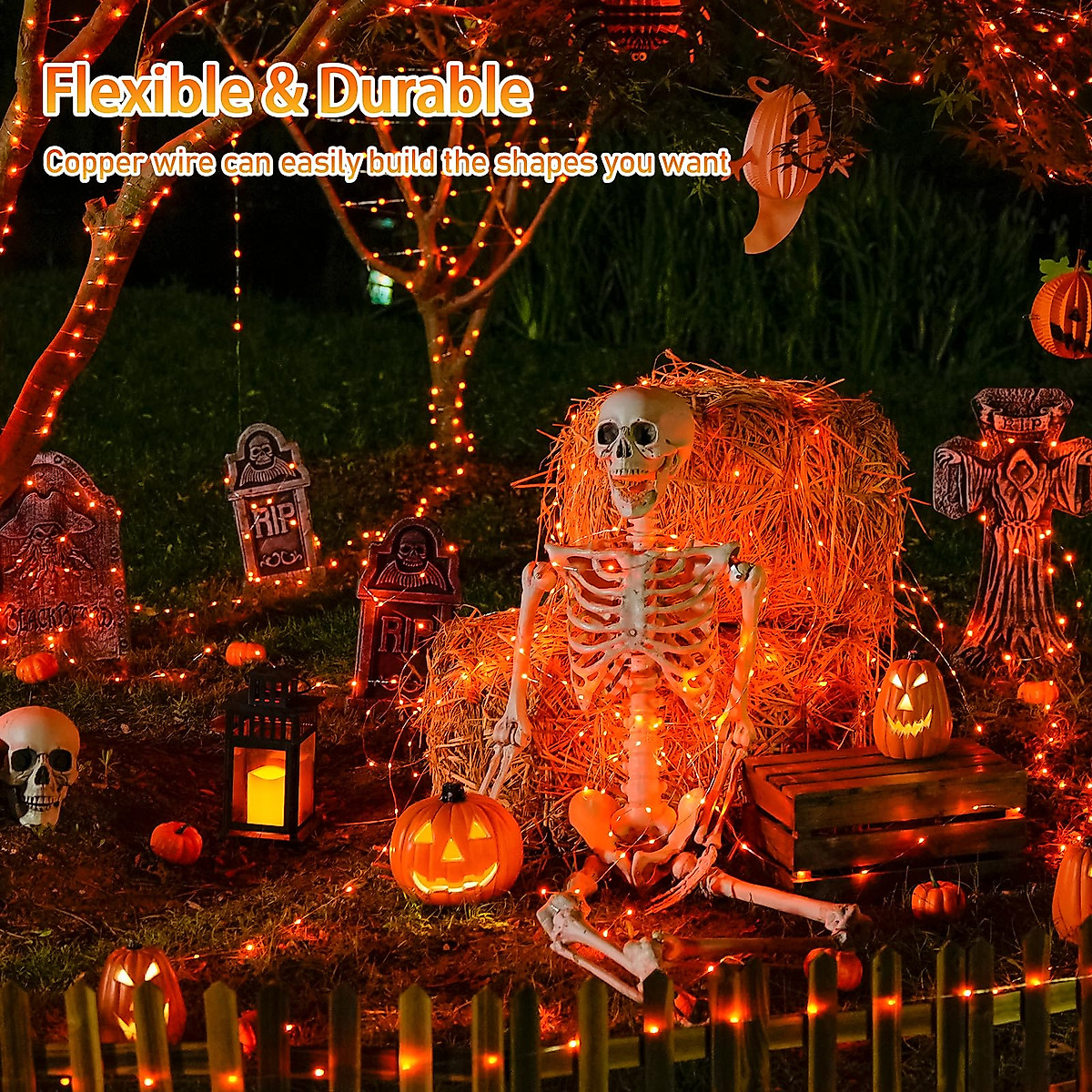 JMEXSUSS 2 Pack Orange Solar Halloween Lights, 66ft 200 LED Solar Fairy Lights Outdoor, Waterproof Solar String Lights for Tree Patio Garden Halloween Thanksgiving Decorations