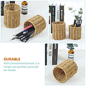 Cabilock Pen Holder Desktop Sundries Organizer Boho Desk Accessories Rattan Storage Bins Pen Cup Table Pen Organizer Pencil Holder Willow Basket Plastic Office Multifunction