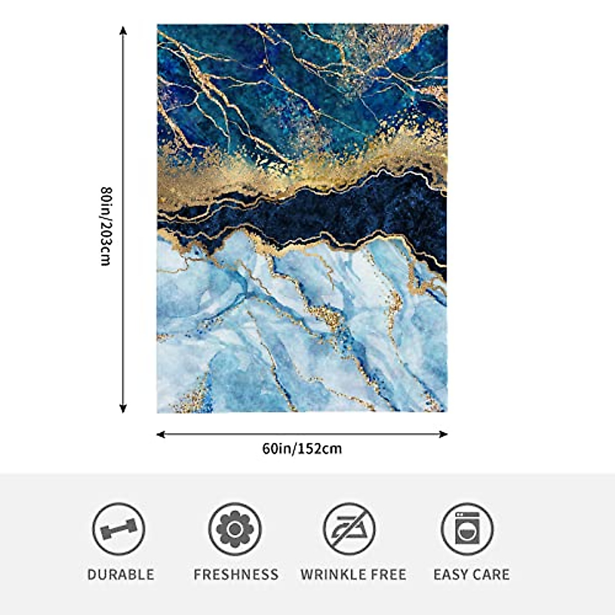 Abstract Marble Blanket 60" x 80" Blue and White Gold Luxury Granite Super Soft Bedding Fleece Throw Blanket Microfiber Flannel Blankets Bedroom Living Room Warm Lightweight for Kids Adults