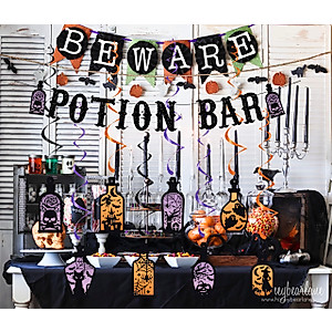 Pre-Strung Potion Bar Banner for Halloween Party Decorations with Potion Bar Hanging Swirls, Halloween Party Banner, Halloween Bar Sign Decorations for Mantel, Halloween Haunted Mansion Decorations
