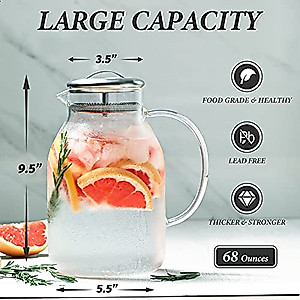 Hiware Glass Pitcher with Lid and Spout - 68 OZ Water Pitcher for Hot/Cold Water & Iced Tea, 18/8 Stainless Steel Lid, High Heat Resistance, 100% Lead-free Clear