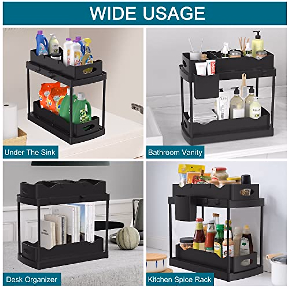 2 Pack Under Sink Organizer, 2 Tier Double Sliding Under Sink Organizers and Storage Multi-Purpose Under Cabinet Storage with Hooks, Hanging Cup, Dividers, for Bathroom Kitchen