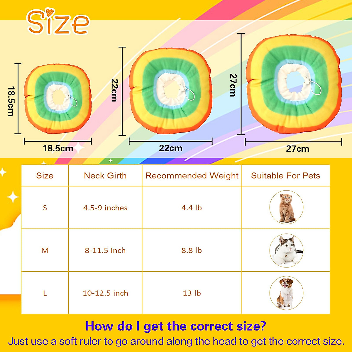 Yanmucy Cat Recovery Collar Adjustable Rainbow Cat Elizabethan Collar Soft Cat Cone After Surgery Protective Neck for Cat Cones to Stop Licking (M)