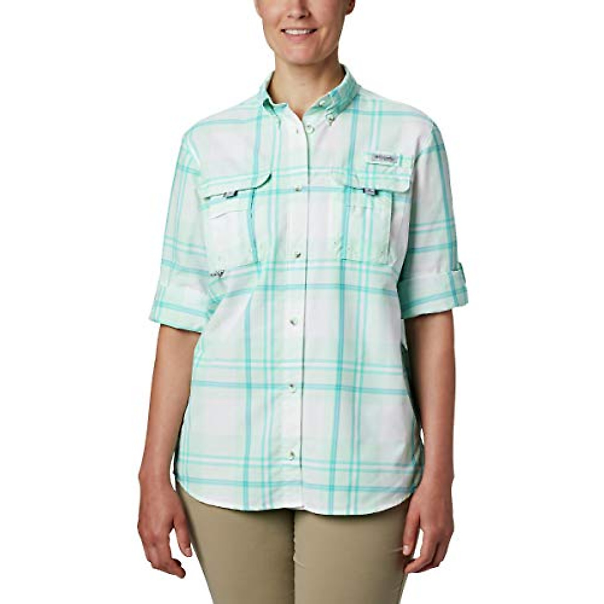 Columbia Women's Super Bahama Long Sleeve Shirt, Light Mint Plaid, 2X