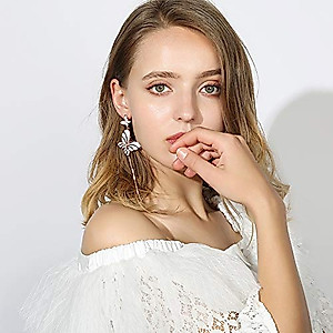 Rose Gold Butterfly Light Pink Enameled with Mother of Pearl Dangle Tassel Long Earrings Pierced