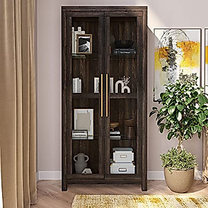 BELLEZE Storage Cabinet, Tall Bookshelf or Display Cabinet for Living Room Bedroom, Curio Cabinet with Tempered Glass Doors, Trophy Display Case, Storage/Organization - Avalon (Dark Walnut)