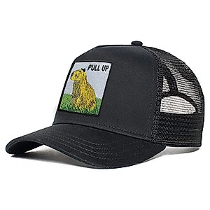 Z Zelvox, Adjustable Snapback Mesh Trucker Hat, Capybara Black Cap, Mesh Baseball Cap, Capybara Embroidered Trucker Hat, Unisex (Pull Up)
